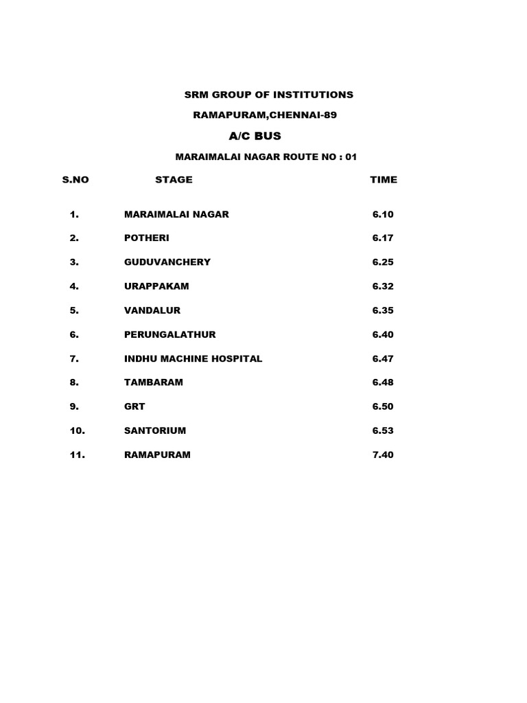 SRM Ramapuram Bus Routes and Timings | PDF