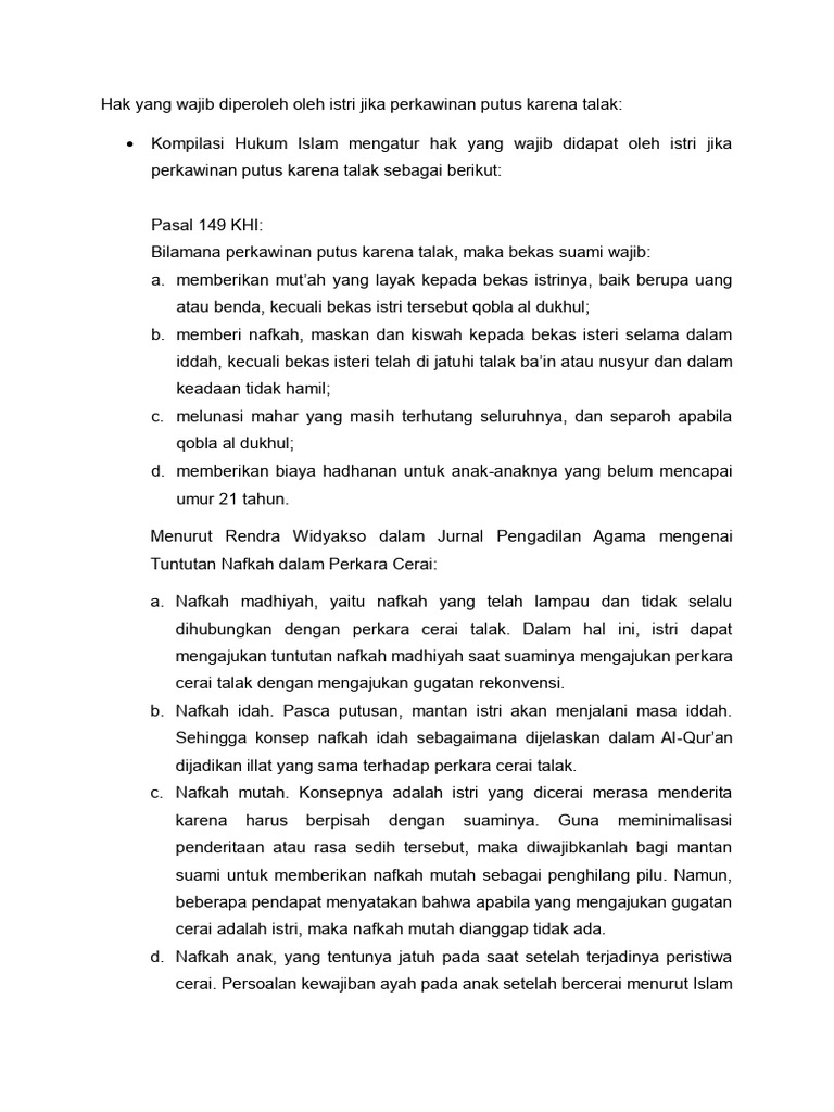 Hak Yang Wajib Diperoleh Oleh Istri Jika Perkawinan Putus Karena Talak | PDF