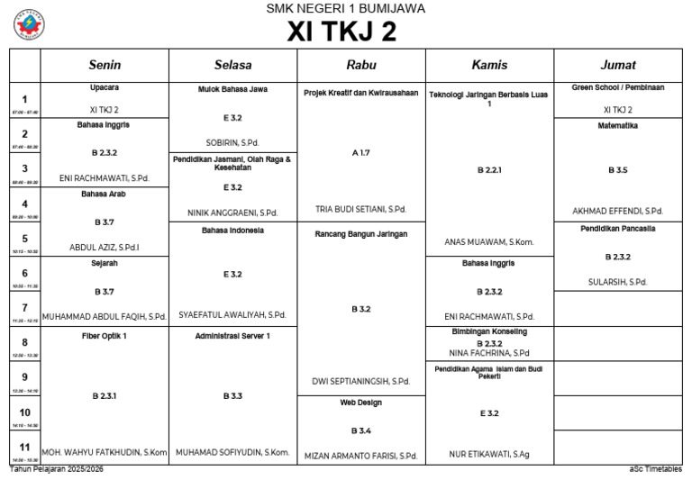 Jadwal Pelajaran Kelas XI TKJ 2 Tahun Pelajaran 2025-2026 | PDF