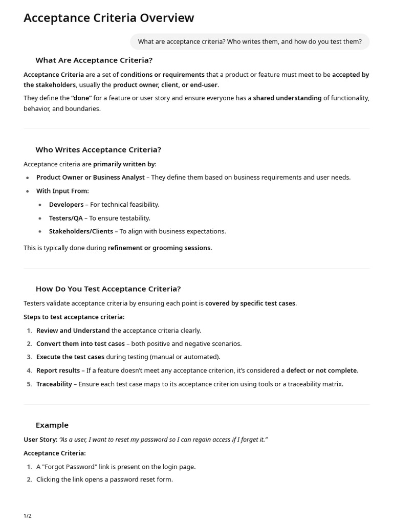Acceptance Criteria Overview | PDF