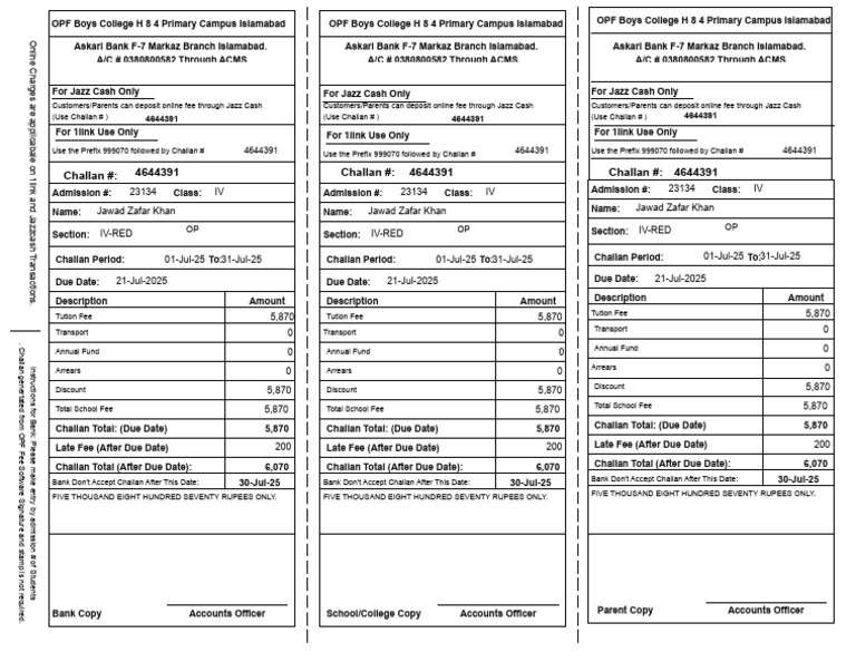 OPF Boys College Fee Challan Details | PDF | Service Industries | Banking