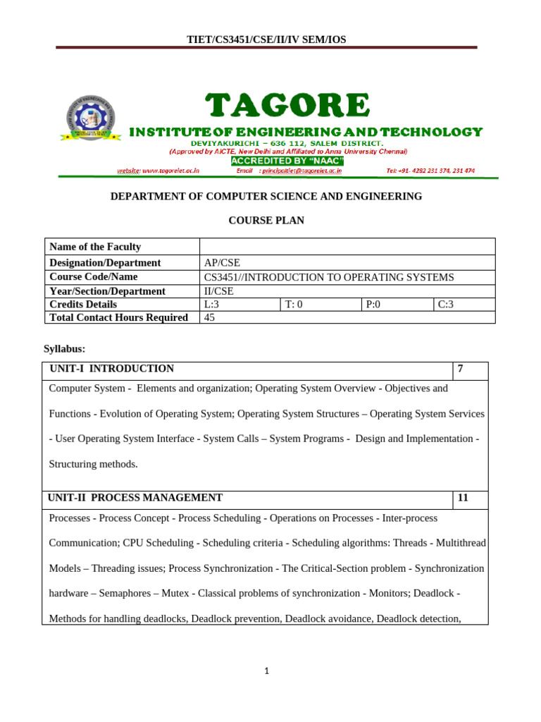 Ios CS3451 Course Plan | PDF | Operating System | Process (Computing)