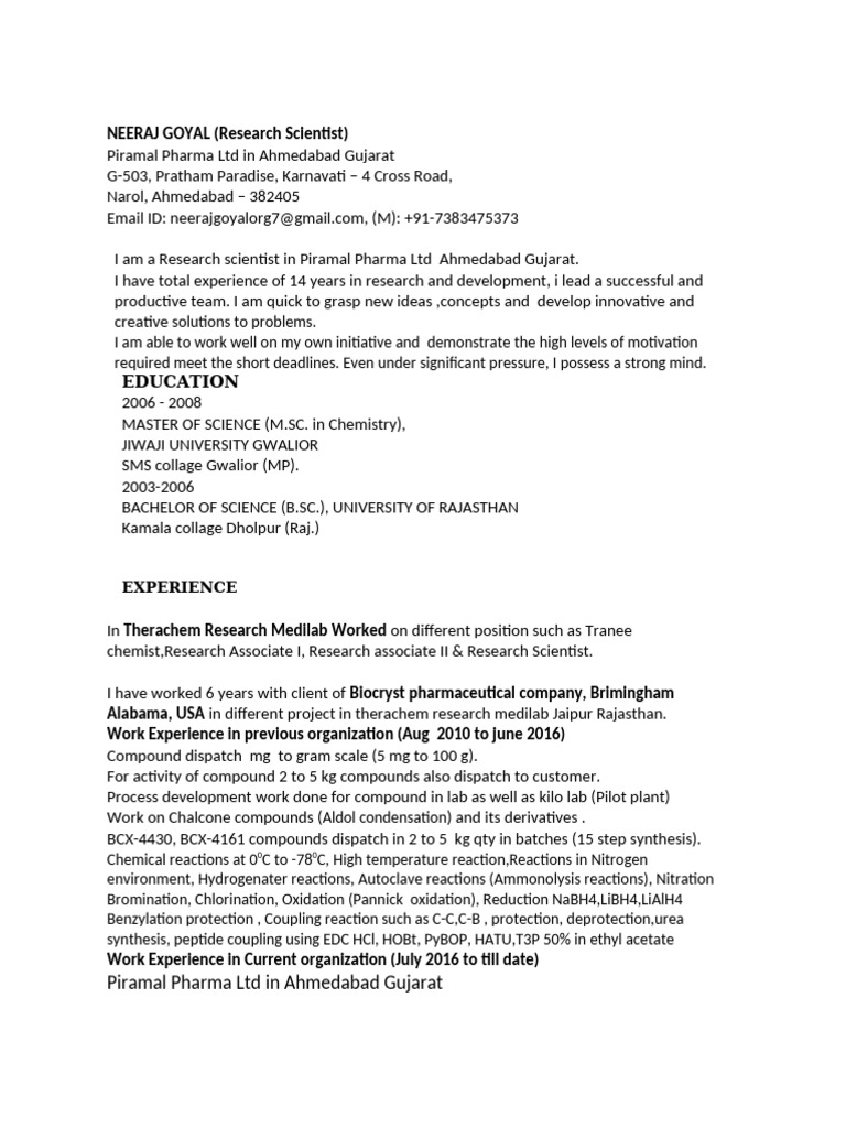 Neeraj Goyal Updated CV | PDF | Organic Synthesis | Chemical Reactions