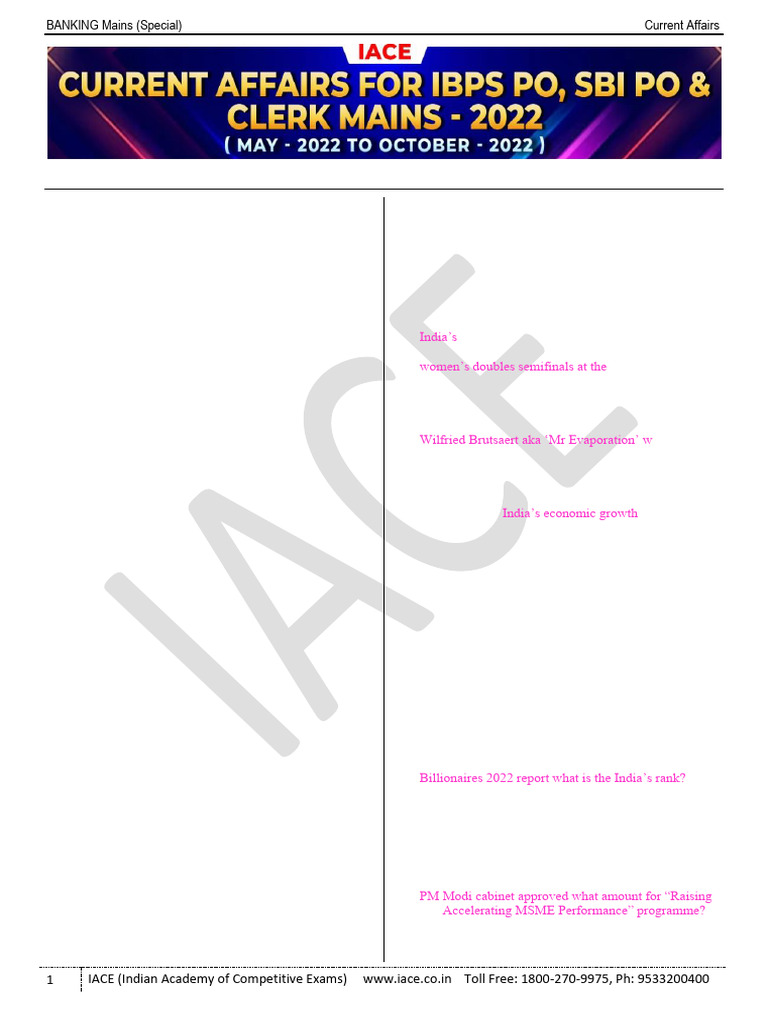Current Affairs May To Oct 2022 | PDF