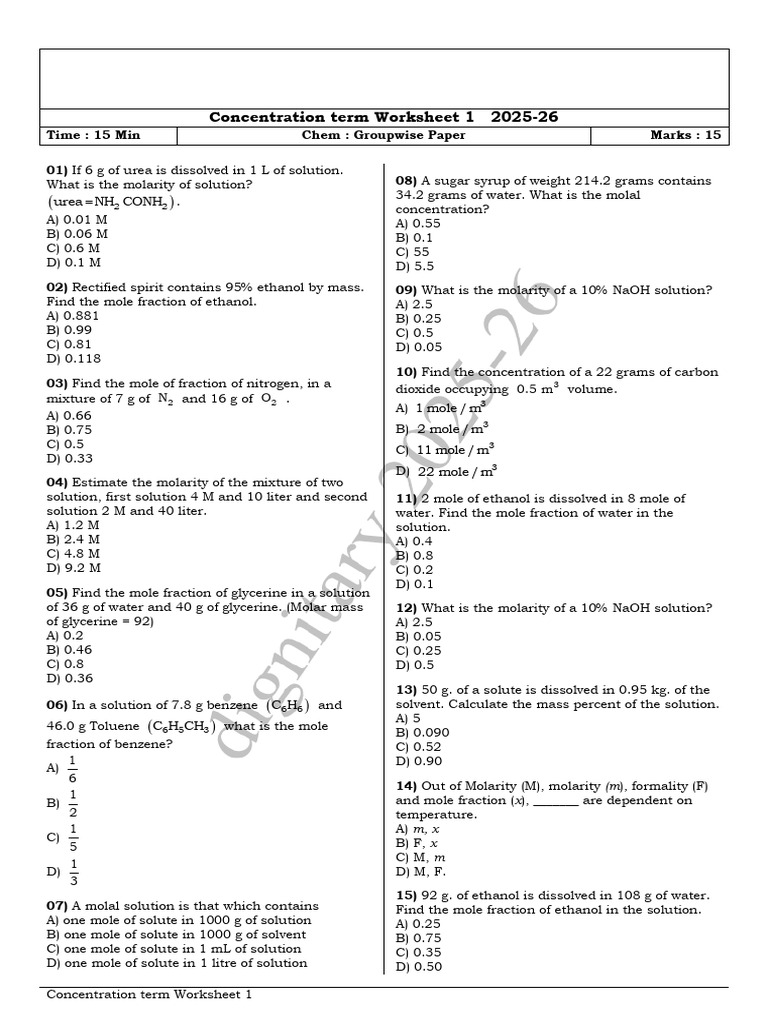 Concentration Term Worksheet 1 Paper | PDF | Chemistry | Chemical Substances