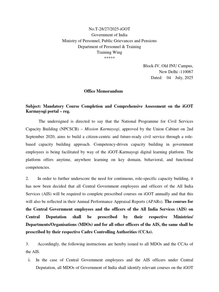 OM - Mandatory Course Completion On iGOT - 04.07.2025 | PDF