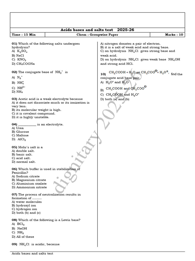 Acids Bases and Salts Test Paper | PDF