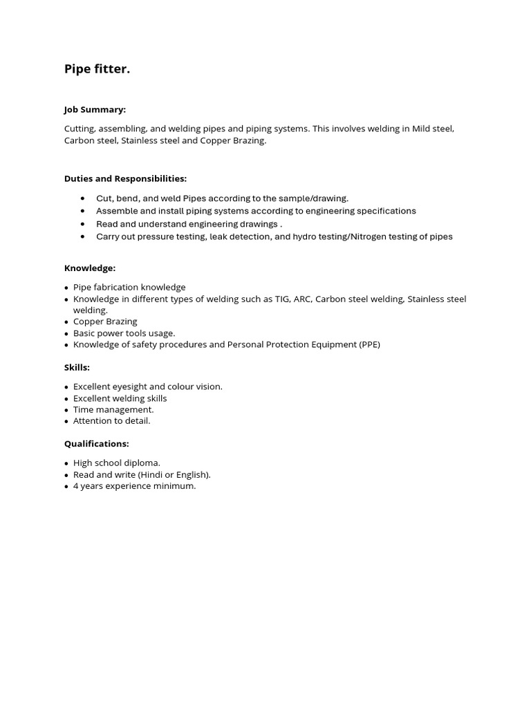 Pipe Fitter Job Description | PDF