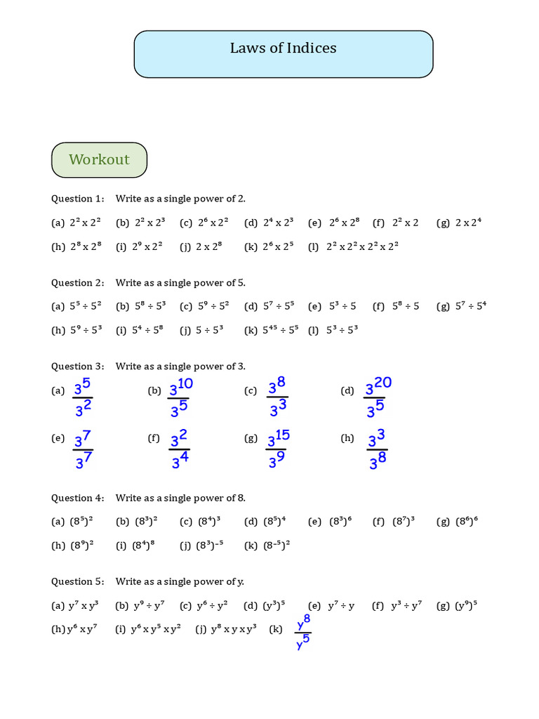 Laws of Indices Practice Problems | PDF