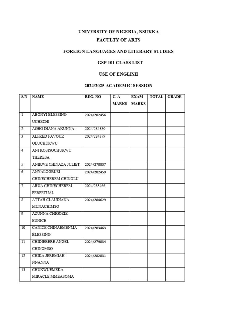 GSP 101 Class List 2024/2025 | PDF