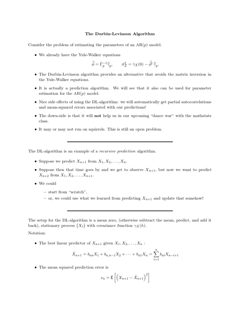 The Durbin-Levinson Algorithm for AR Models | PDF | Autoregressive ...