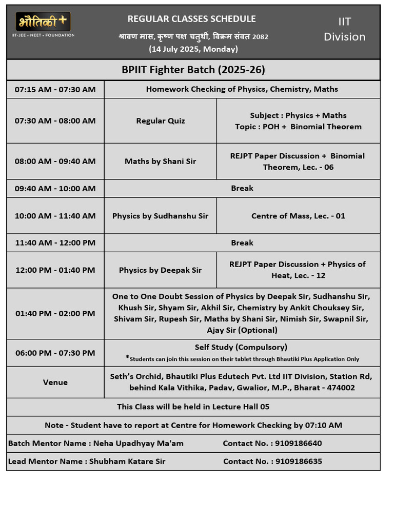 Regular Classes Schedule BPIIT Fighter Batch (14!07!2025) | PDF ...