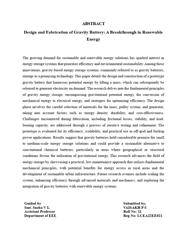 ABSTRACT Gravity Battery | PDF | Energy Storage | Sustainable Energy