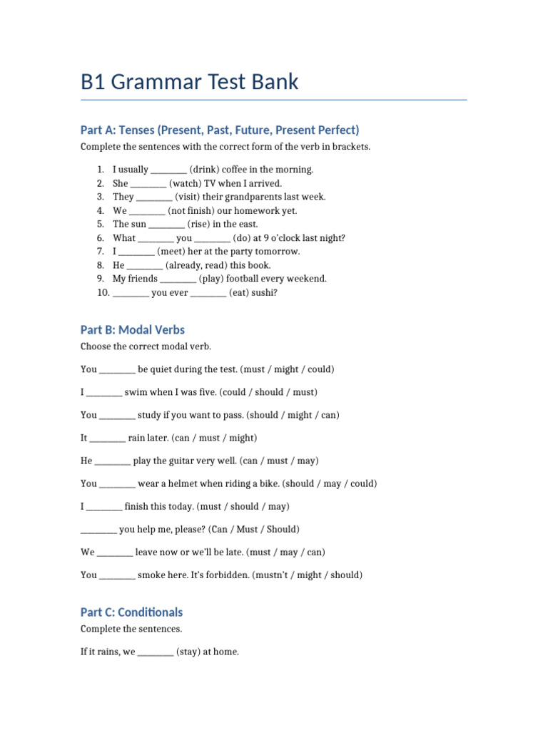 B1 Grammar Test Bank Overview | PDF | Verb | Language Mechanics