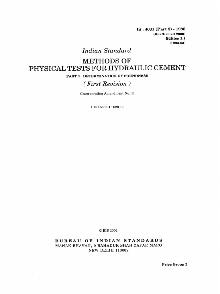Is 4031 - 1988 Part 3 - Physical Tests On Hydraulic Cement | PDF