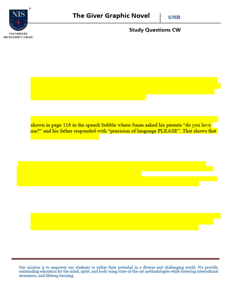 The Giver Graphic Novel: Study Questions CW | PDF | The Giver | Memory