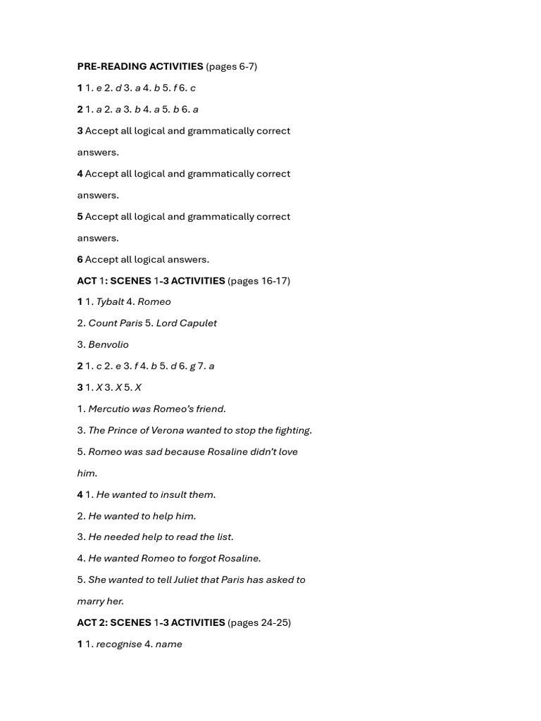 Romeo and Juliet Reading Book Exercises Answer Key | PDF | Characters ...