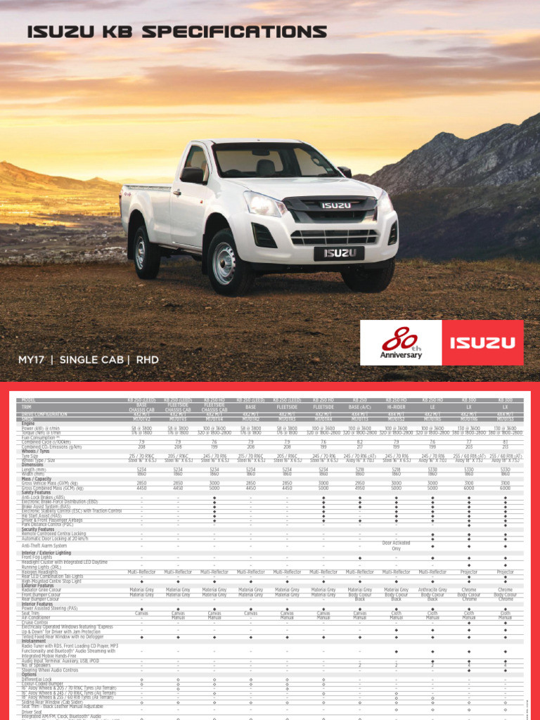 MY17 Isuzu KB Regular Cab A4 Spec Sheet 20170823 Approved-Min | PDF ...