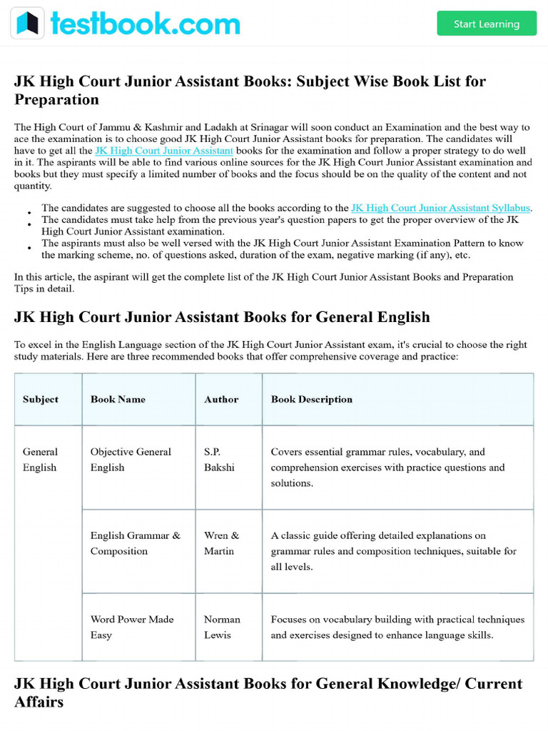 JK High Court Junior Assistant Books - Subject Wise Book List For ...