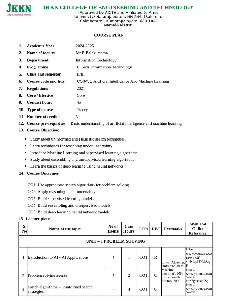 Cs3491 Artificial Intelligence and Machine Learning | PDF | Machine Learning | Artificial ...