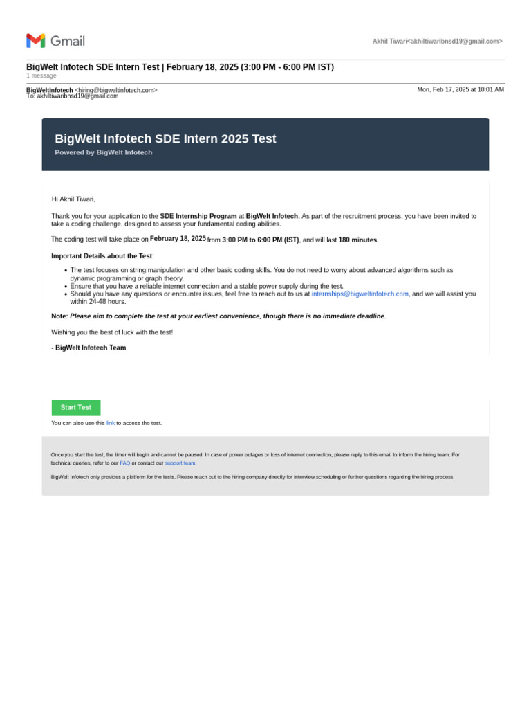 BigWelt Infotech SDE Intern Test Details | PDF