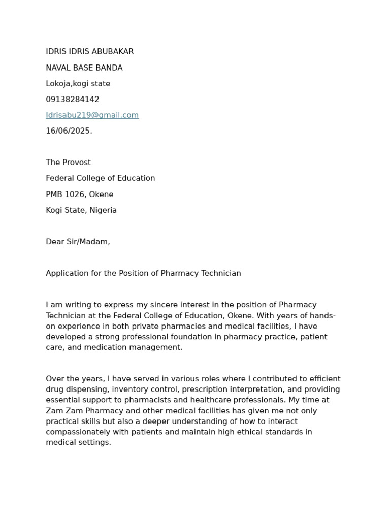 Pharmacy Technician Application Letter | PDF