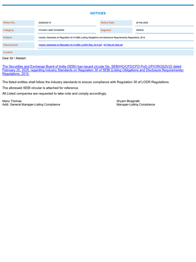 BSE-Circular - 25.02.2025 (Industry Standards Note On Regulation 30 of The LODR Regulations ...