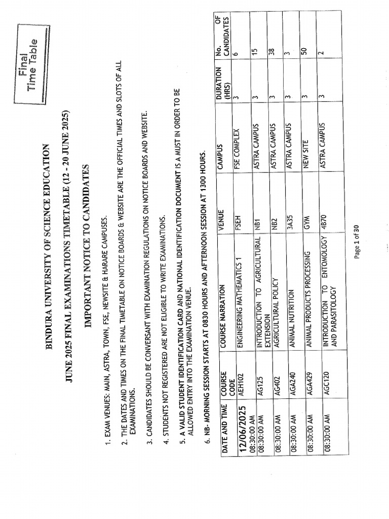 Final Examinations Timetable (June 2025) | PDF