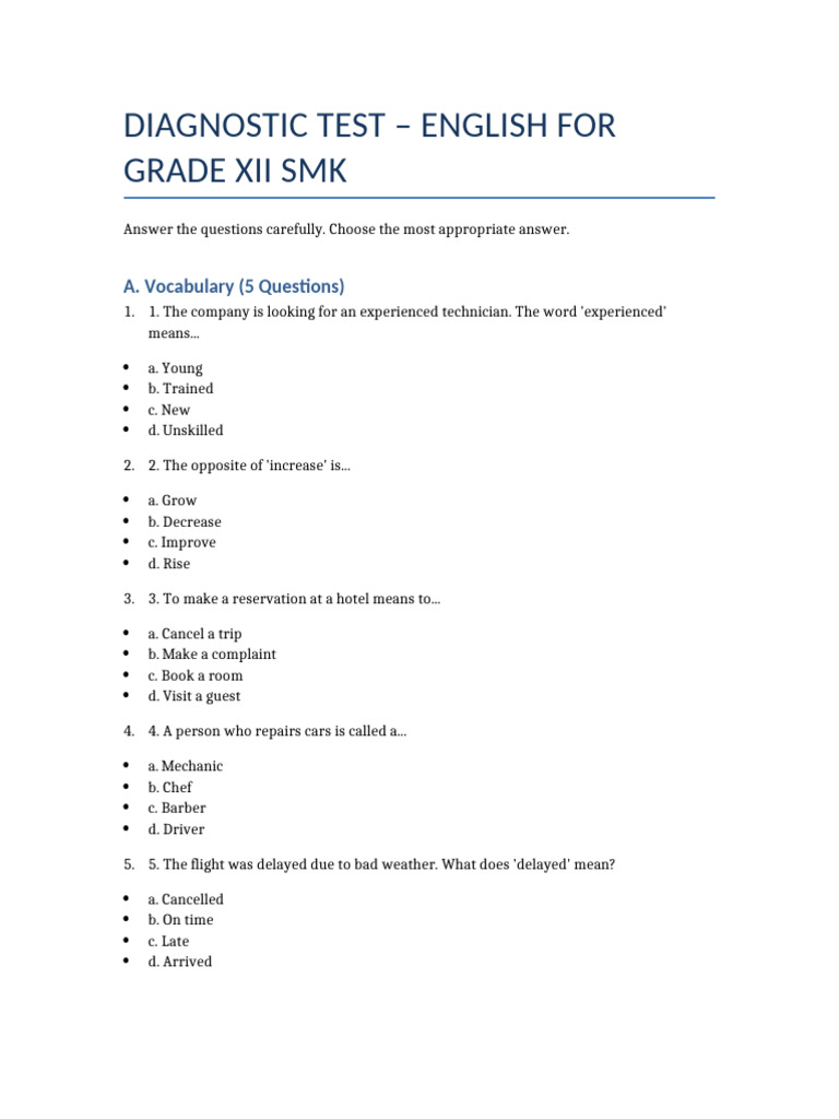 Diagnostic Test English Grade XII SMK | PDF
