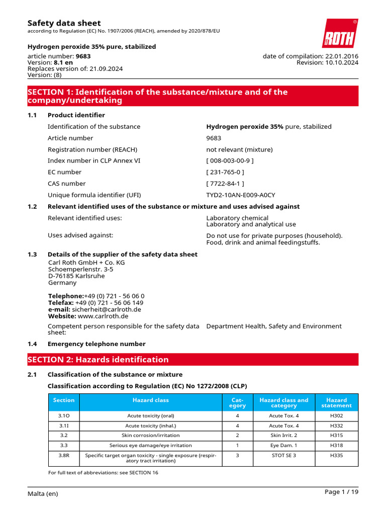 Safety Data Sheet - Hydrogen Peroxide 35% | PDF | Toxicity | Dangerous ...