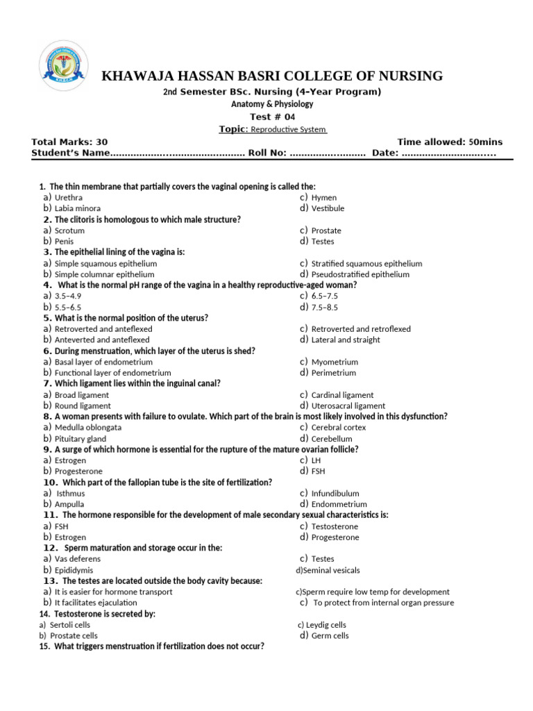Reproductive System Test for Nursing Students | PDF | Menstrual Cycle ...