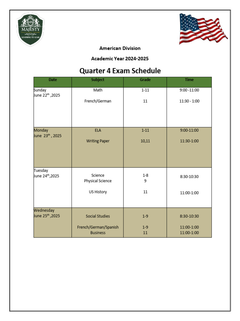 Quarter 4 Exam Schedule | PDF