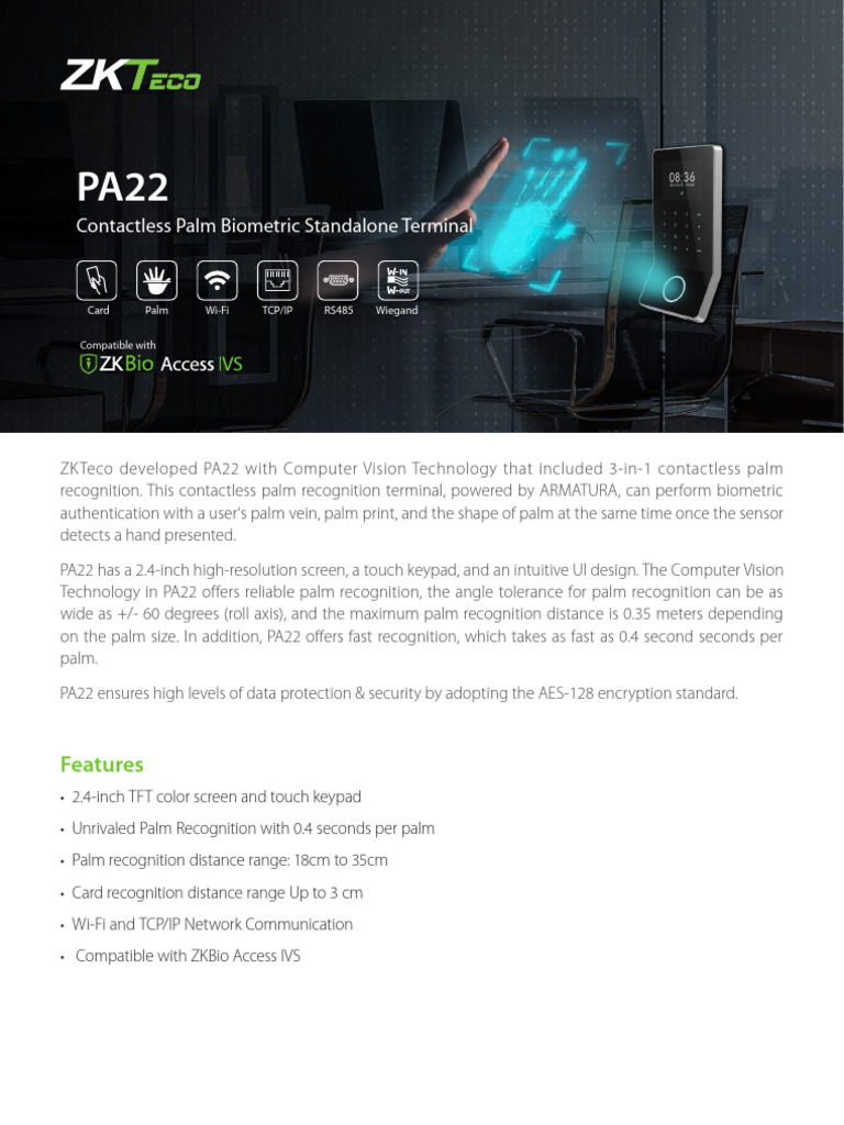 PA22 Contactless Palm Recognition Terminal | PDF | Wi Fi | Biometrics