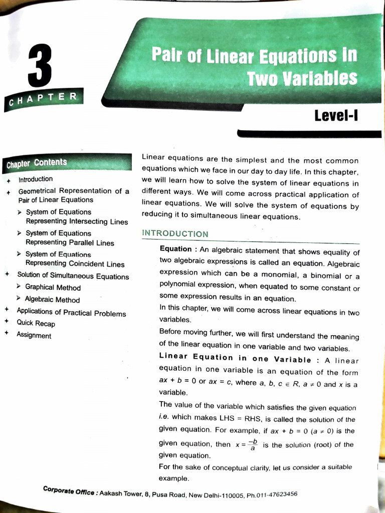 Aakash Linear Eq's | PDF | Equations | System Of Linear Equations