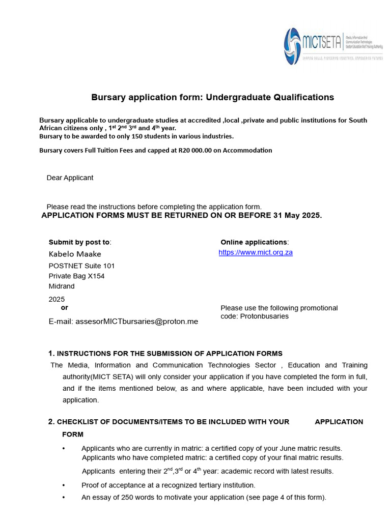 Bursary Application Form MICT SETA | PDF | Educational Stages