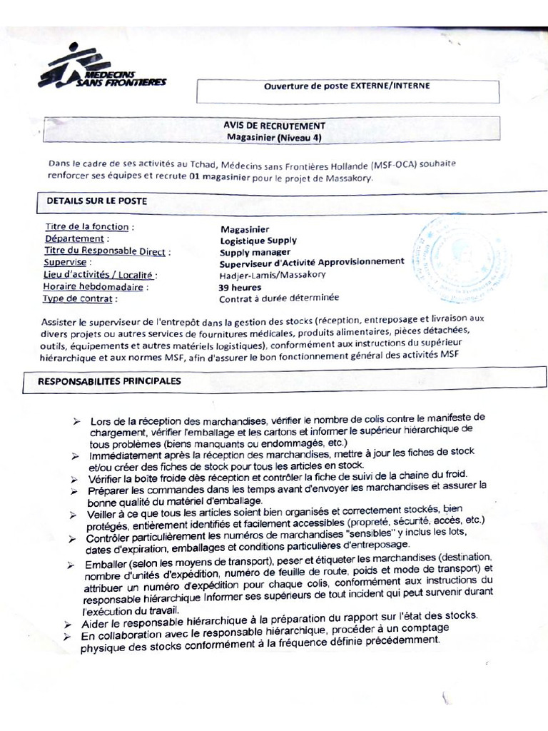 Recrutement Magasinier MSF HOLLANDE PROJET MASSAKORY | PDF