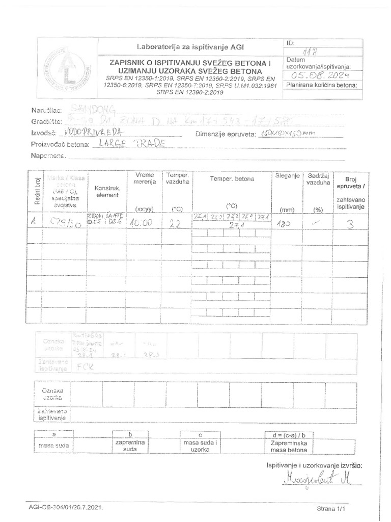 Izveštaji Za Beton - Hidro Radovi - Avgust 2024. | PDF