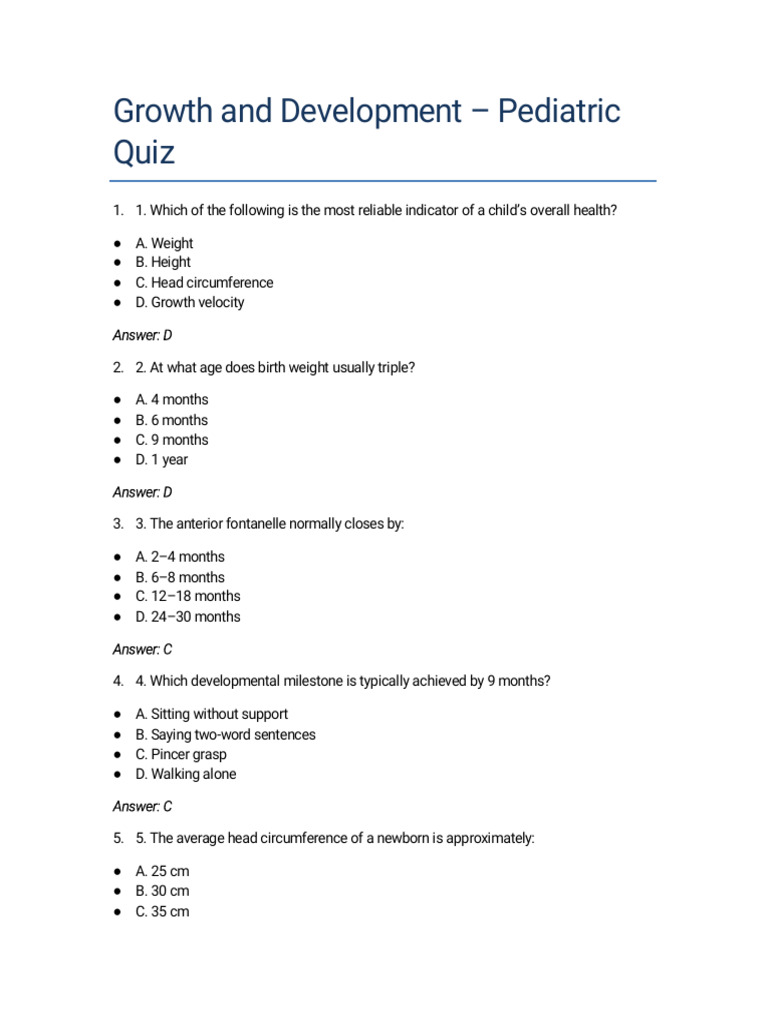Pediatric Growth Development Quiz | PDF