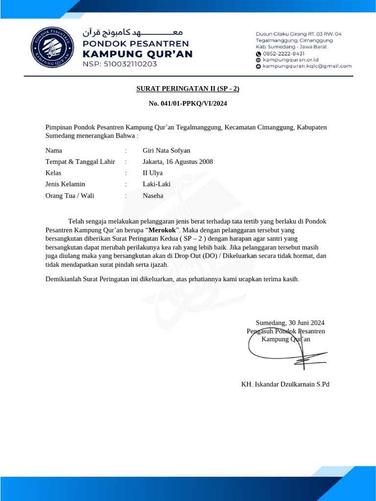 Surat Peringatan Kedua Santri Giri Nata | PDF