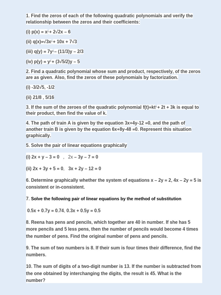 Class 10 Maths Practice Paper | PDF | Polynomial | Quadratic Equation