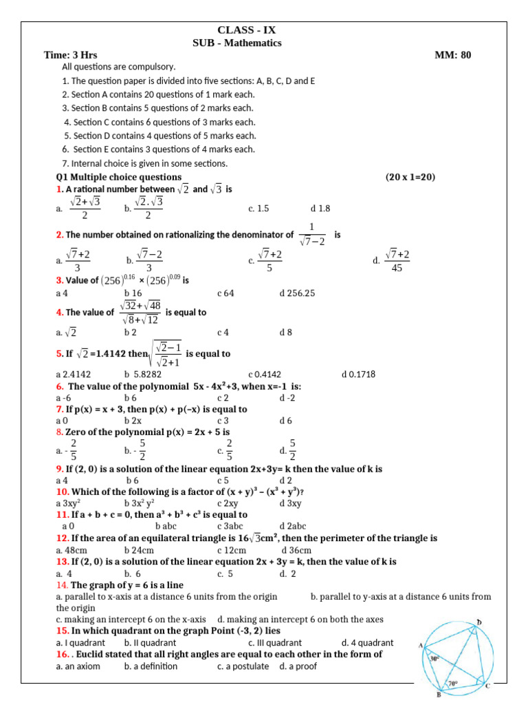 Class IX Mathematics Paper 1 | PDF | Circle | Area
