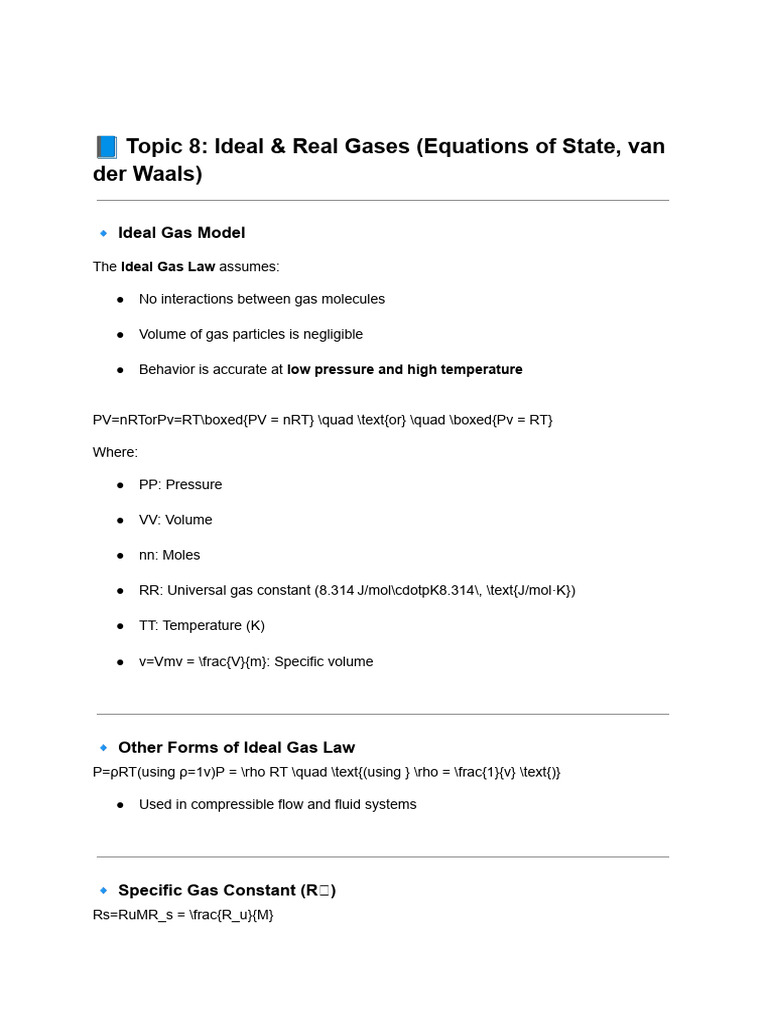 Ideal & Real Gases (Equations of State, Van Der Waals) | PDF