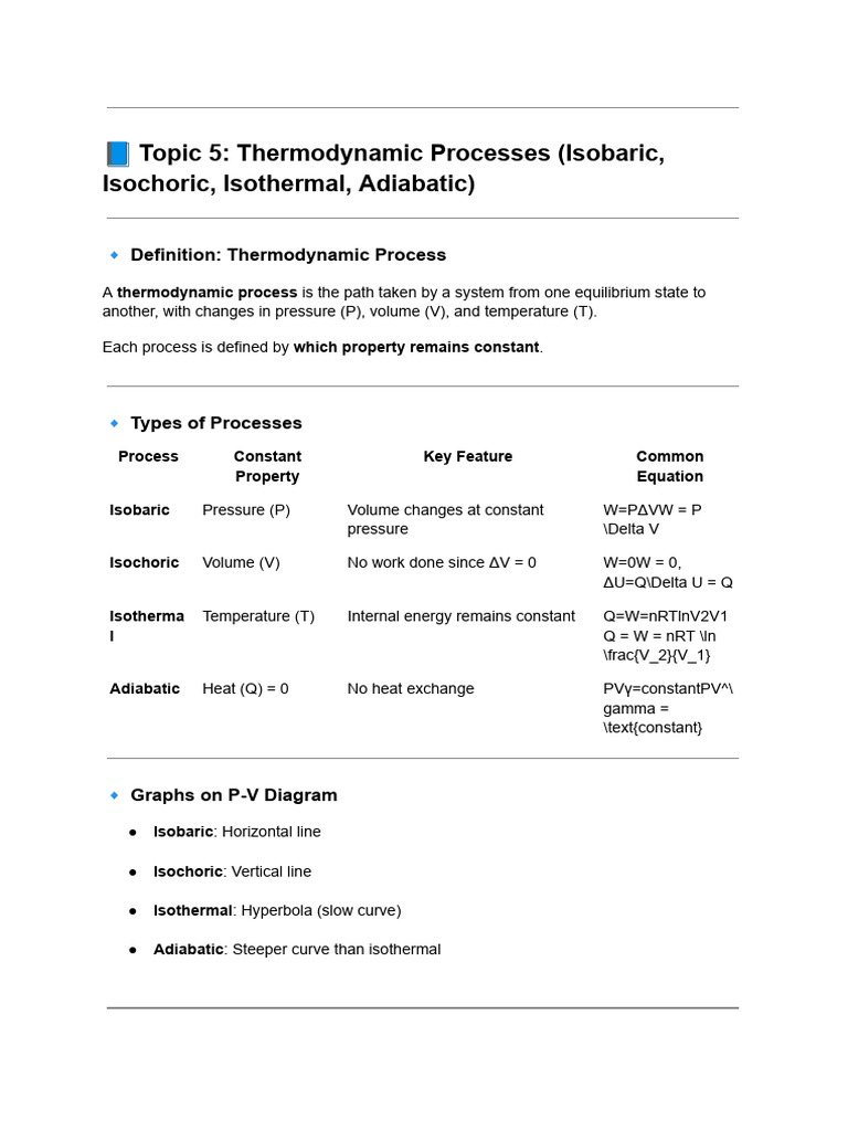 Thermodynamic Processes (Isobaric, Isochoric, Isothermal, Adiabatic) | PDF