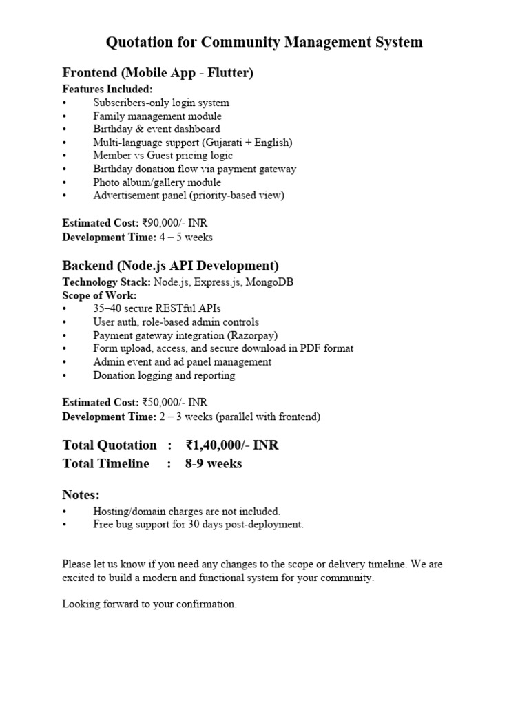 Quotation For Community Management System | PDF