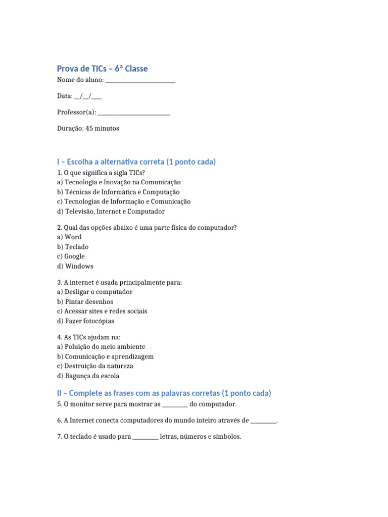 Prova TICs 6a Classe | PDF