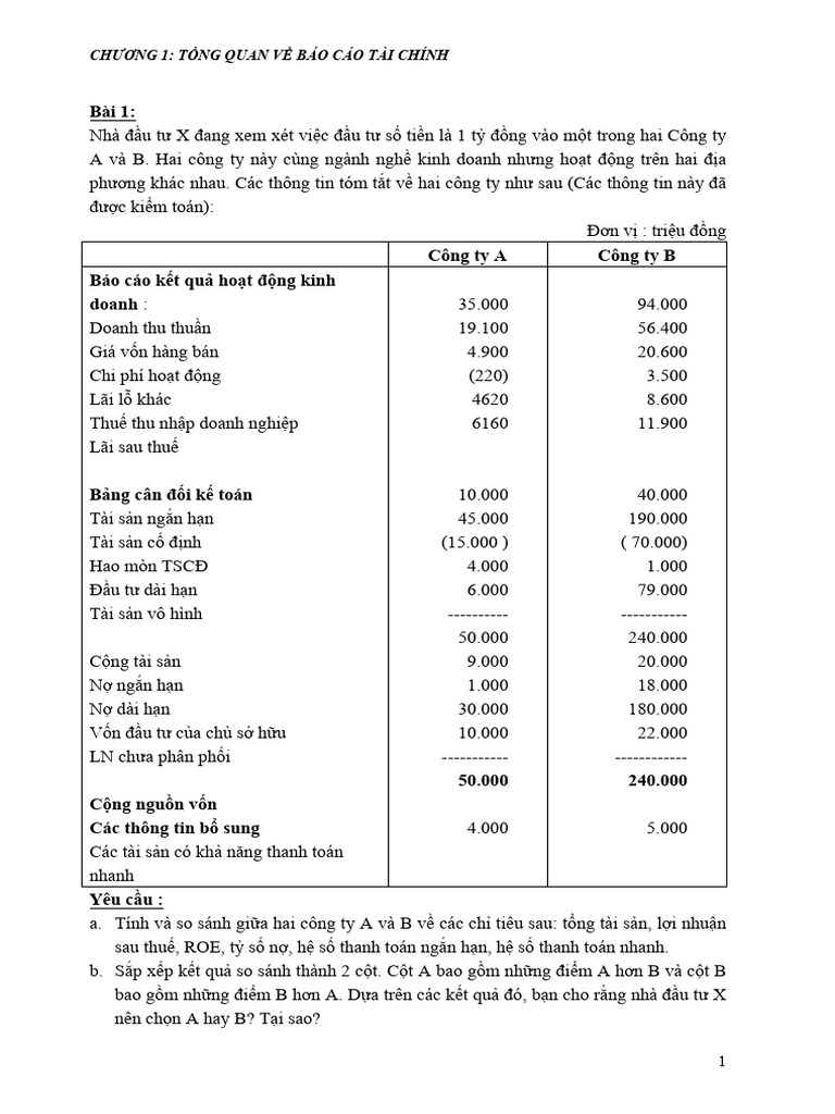 Bai Tap Chuong 1 - Tong Quan Ve BCTC | PDF