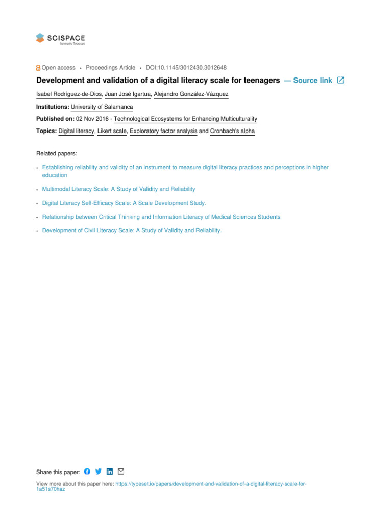 Development and Validation of A Digital Literacy Scale For 1a51s70haz 1 ...