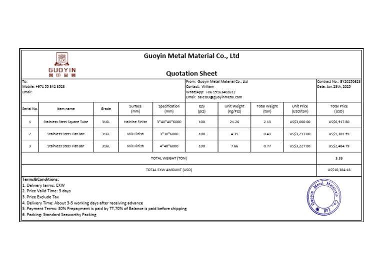 Quotation From Guoyin Metal Material Co., LTD | PDF