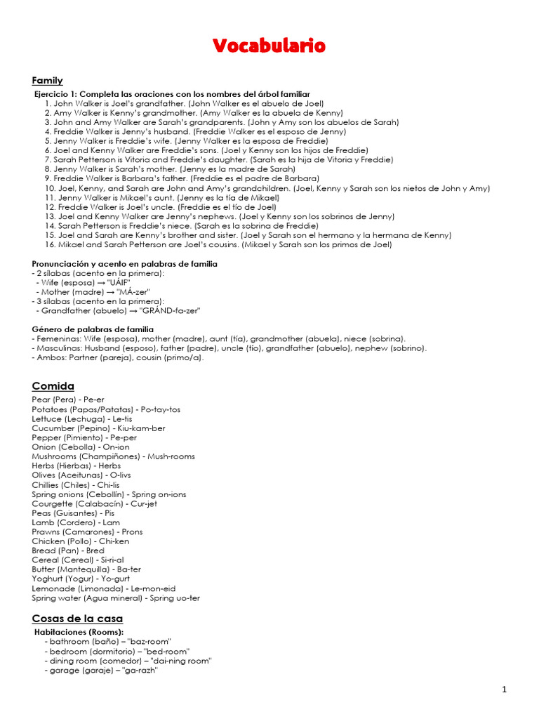 Vocabulario Familiar y Hogar en Inglés | PDF | Vegetales | Cocina