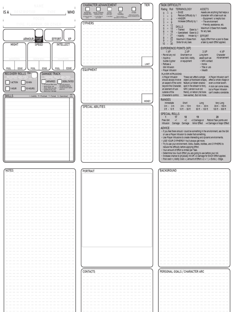 Cypher Variarte Character Sheet Quick Reference | PDF | Tabletop Games ...
